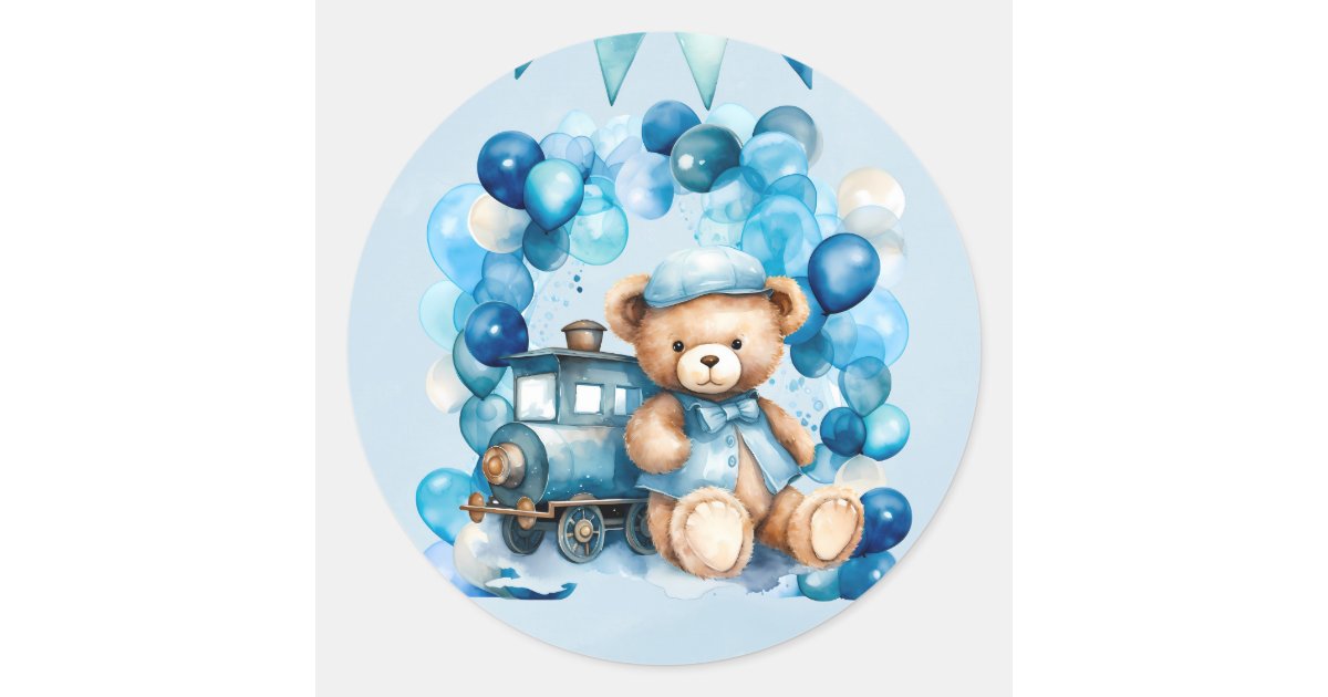 Teddy Bear Cho Cho Train Boy Baby Shower Classic Round Sticker | Zazzle