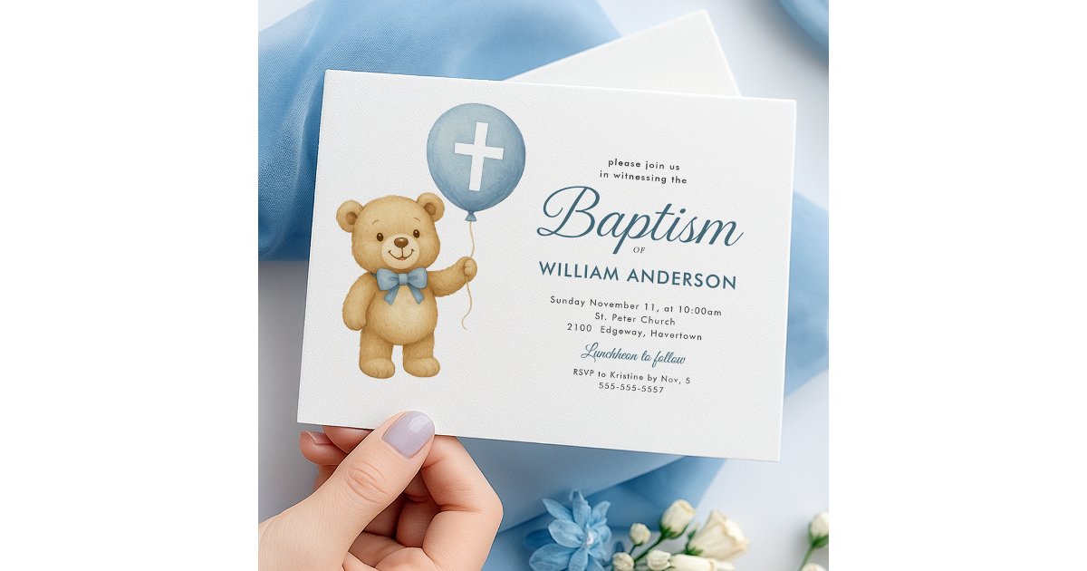 Teddy Bear & Cross Baptism Invitation | Zazzle