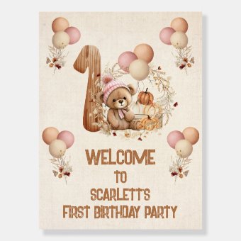 Teddy Bear Fall Girl Beary 1st Birthday Welcome Foam Board | Zazzle
