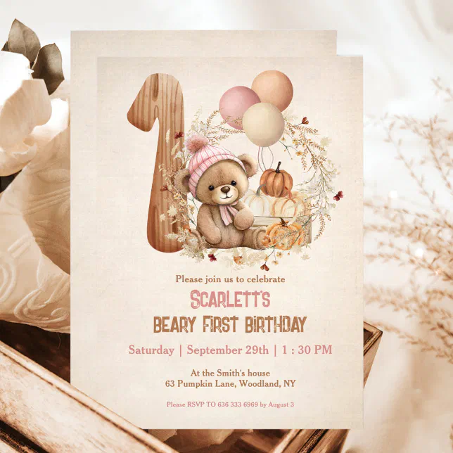 Teddy Bear Fall Pumpkins Girl Beary 1st Birthday Invitation | Zazzle