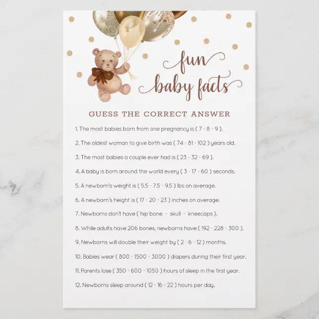 Teddy Bear Fun Baby Facts Baby Shower Game | Zazzle