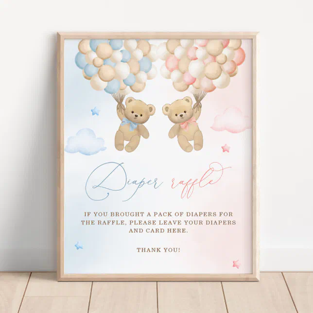 Teddy Bear Gender Reveal Diaper Raffle Poster | Zazzle