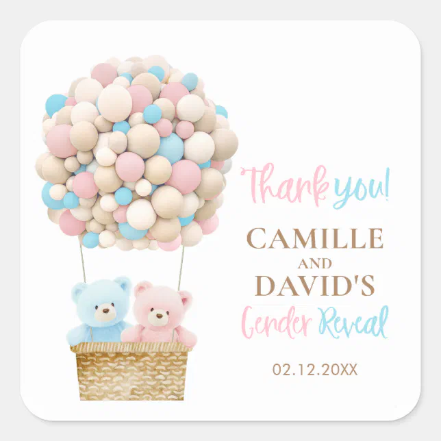 Teddy Bear Gender Reveal Square Sticker | Zazzle