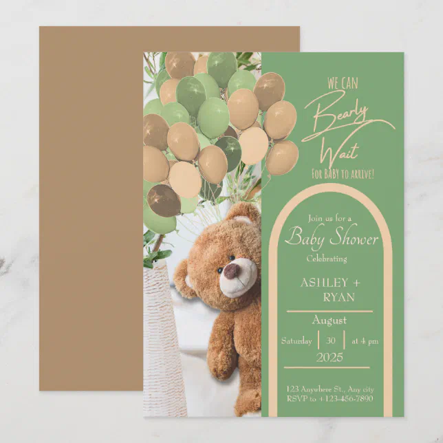 Teddy Bear Green and Brown Baby Shower Invitation | Zazzle