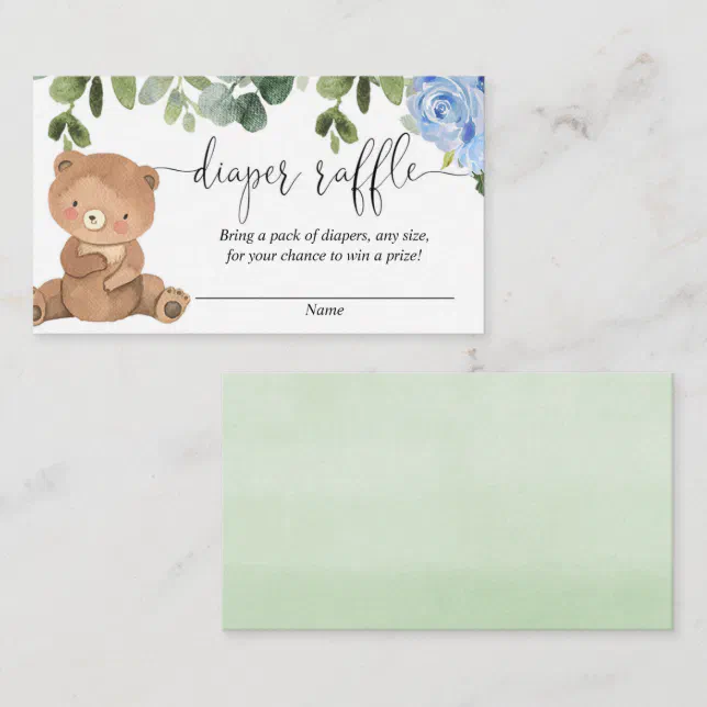 Teddy bear greenery blue floral boy diaper raffle enclosure card | Zazzle