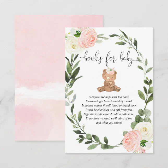 Teddy bear greenery pink floral books baby girl en enclosure card | Zazzle
