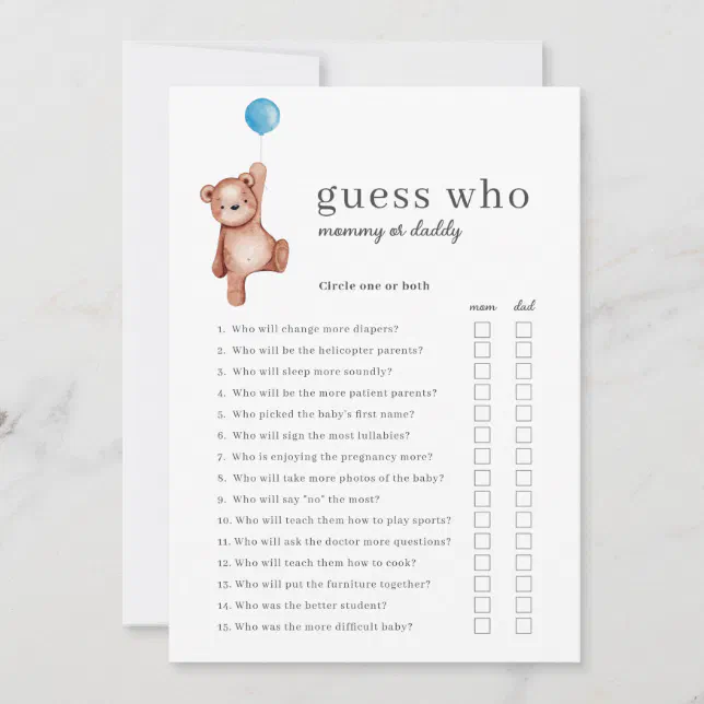 Teddy Bear Guess Who Baby Shower Game Invitation | Zazzle