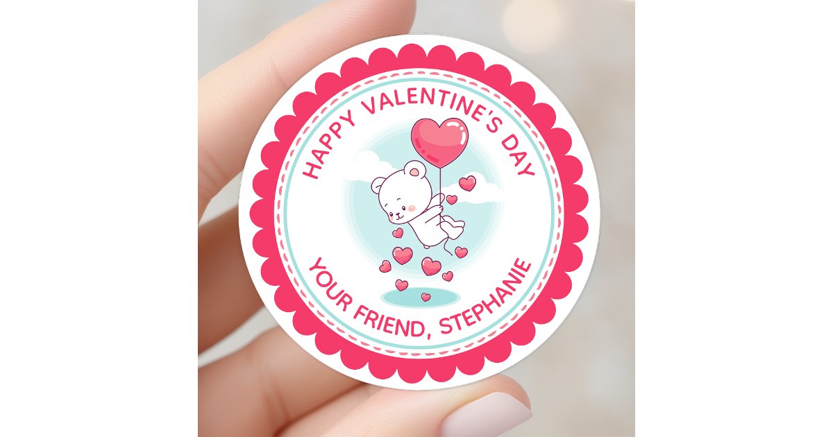 Teddy Bear Heart Balloon Personalized Valentine Classic Round Sticker ...