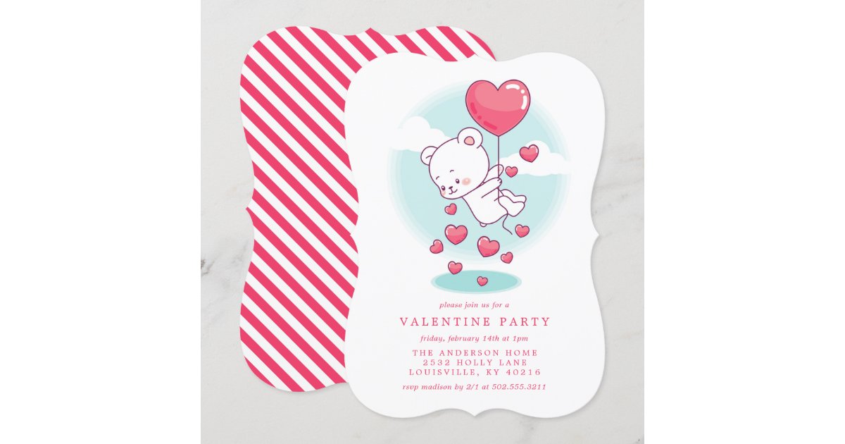 Teddy Bear Heart Balloons Valentine Party Invitation | Zazzle