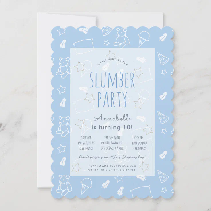 Teddy Bear Ice Cream Blue Slumber Party Birthday Invitation | Zazzle
