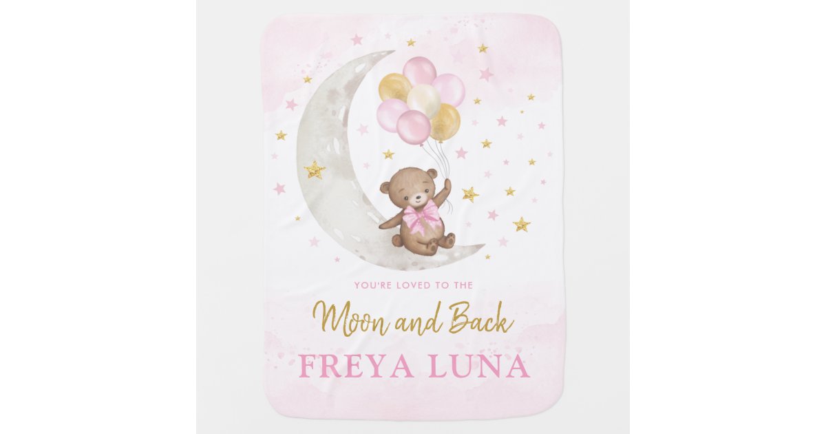 Teddy Bear on Moon Pink Gold Balloons Girl Nursery Baby Blanket | Zazzle