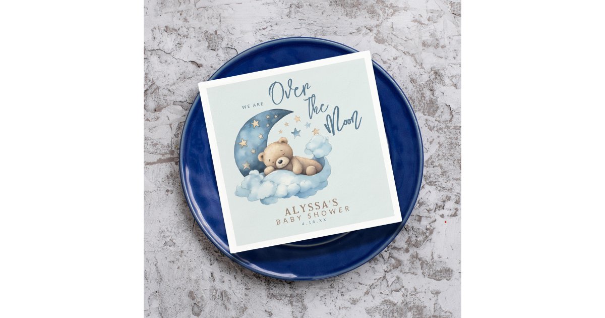 Teddy Bear Over the Moon Blue Baby Shower Napkins | Zazzle