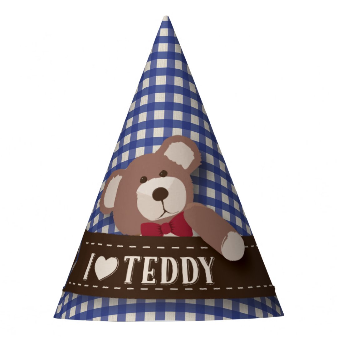 Teddy Bear Picnic Birthday -Blue Gingham Party Hat | Zazzle