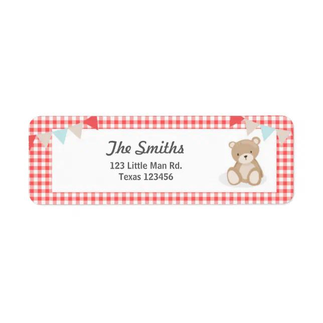 Teddy Bear Picnic Return Address Label Red blue | Zazzle