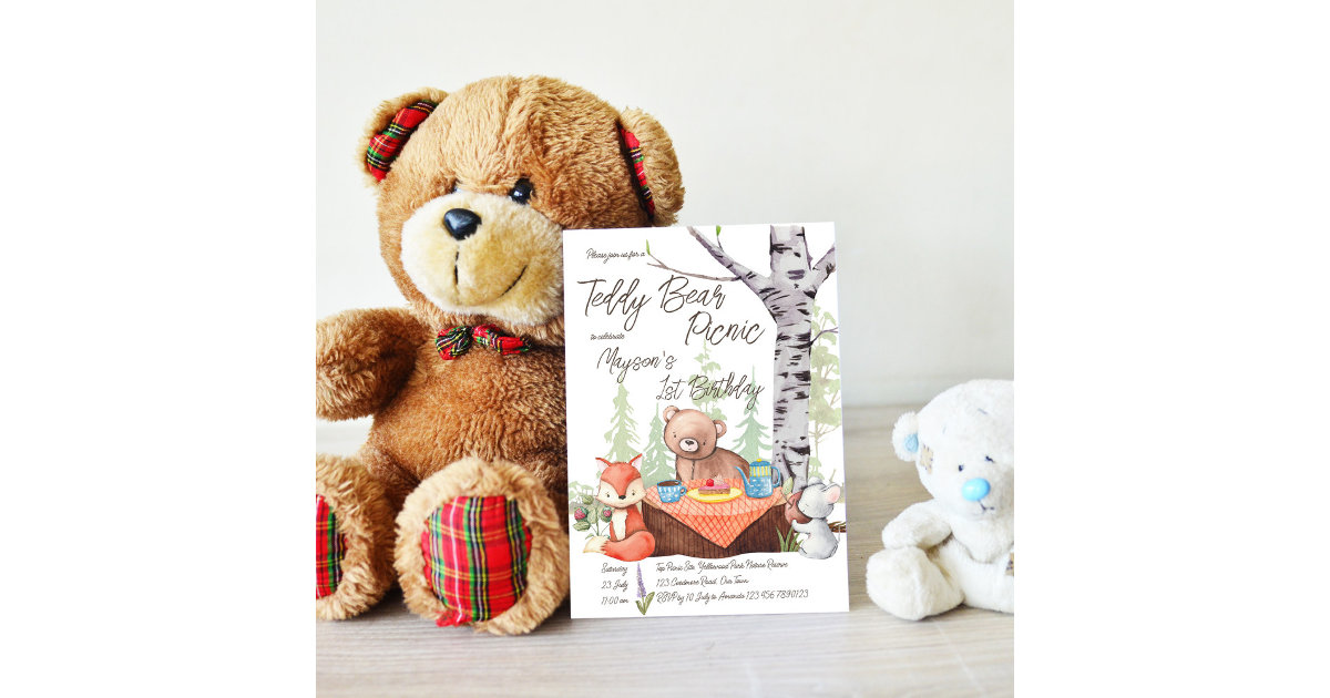 Teddy bear picnic woodlands animals birthday party invitation | Zazzle
