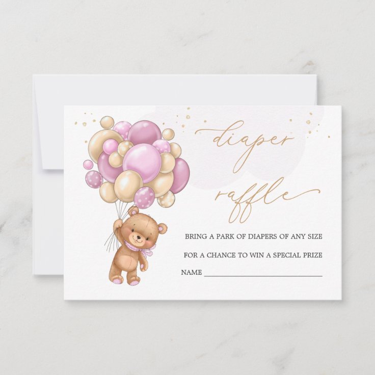 Teddy Bear Pink Balloons Diaper Raffle Invitation | Zazzle