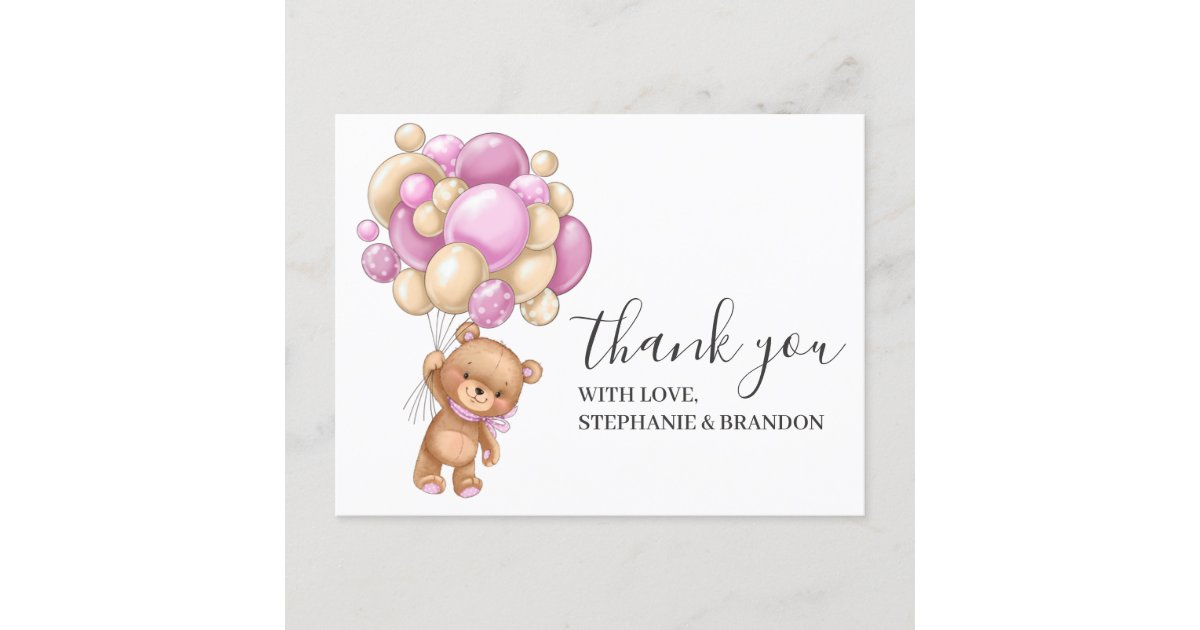 Teddy Bear PINK Balloons Thank You Card | Zazzle