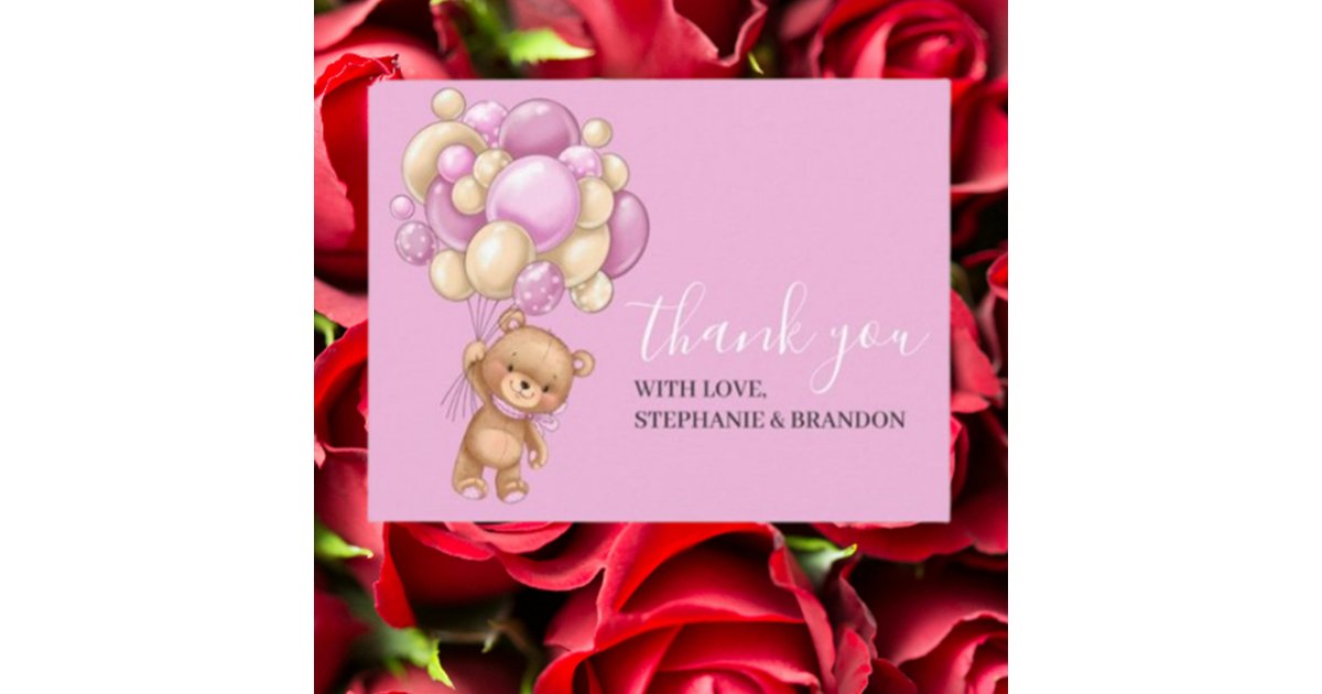 Teddy Bear PINK Balloons Thank You Card | Zazzle