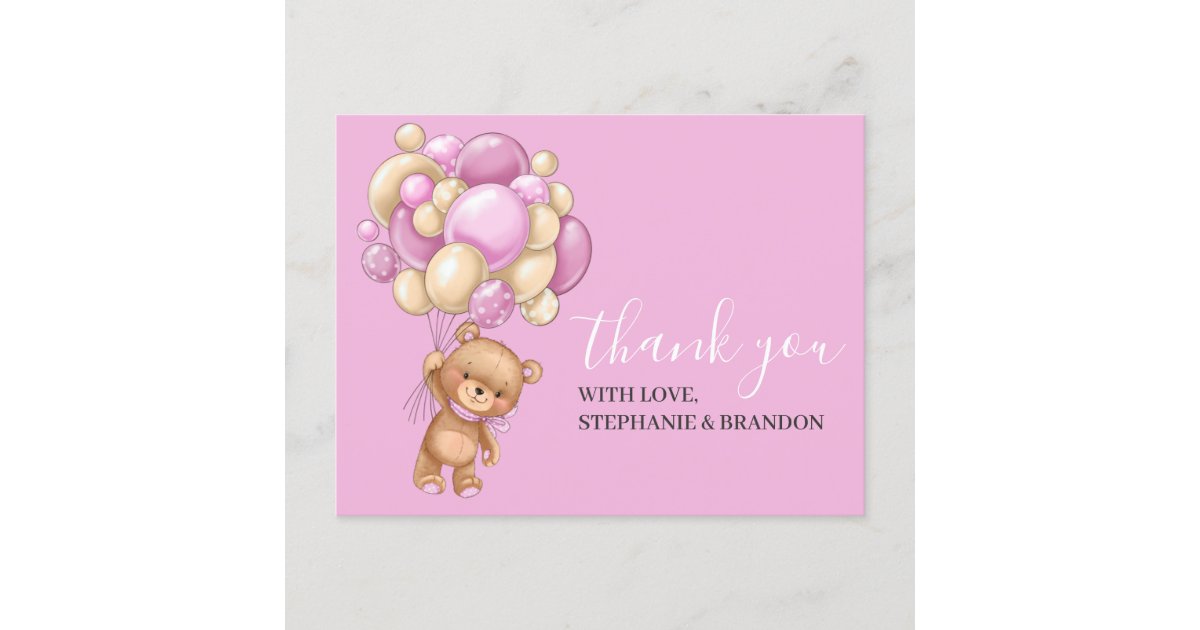 Teddy Bear PINK Balloons Thank You Card | Zazzle