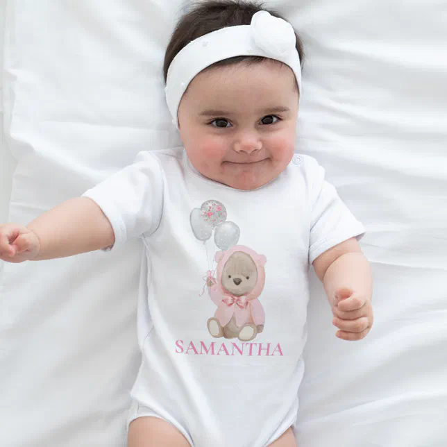 Teddy Bear Pink Girl's Personalized Baby Bodysuit | Zazzle