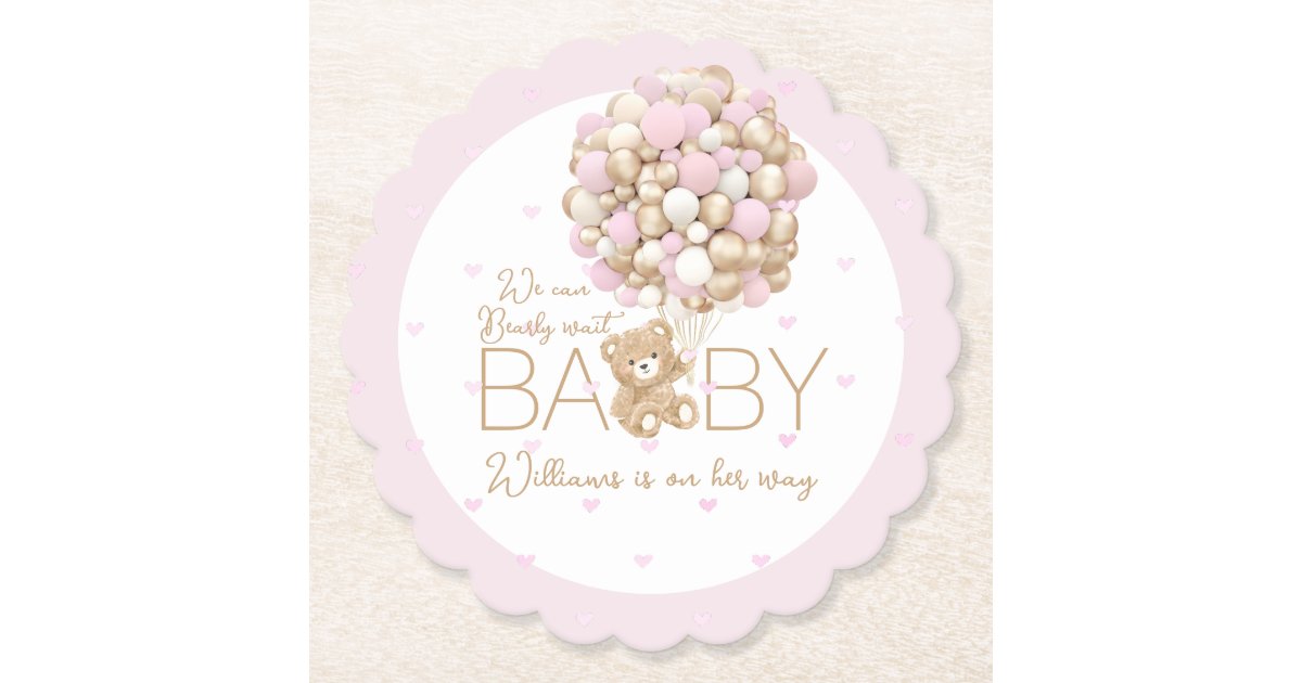 Teddy Bear Pink Heart & Balloon Baby Girl Shower Paper Coaster | Zazzle