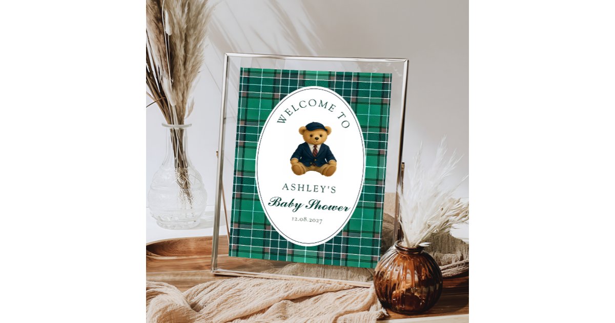 Teddy Bear Preppy Boy Baby Shower Welcome Poster | Zazzle