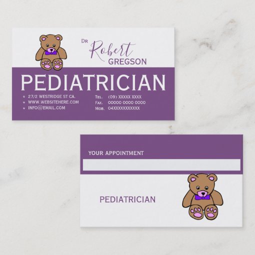 Teddy Bear Purple Pediatrician Appointment Card | Zazzle