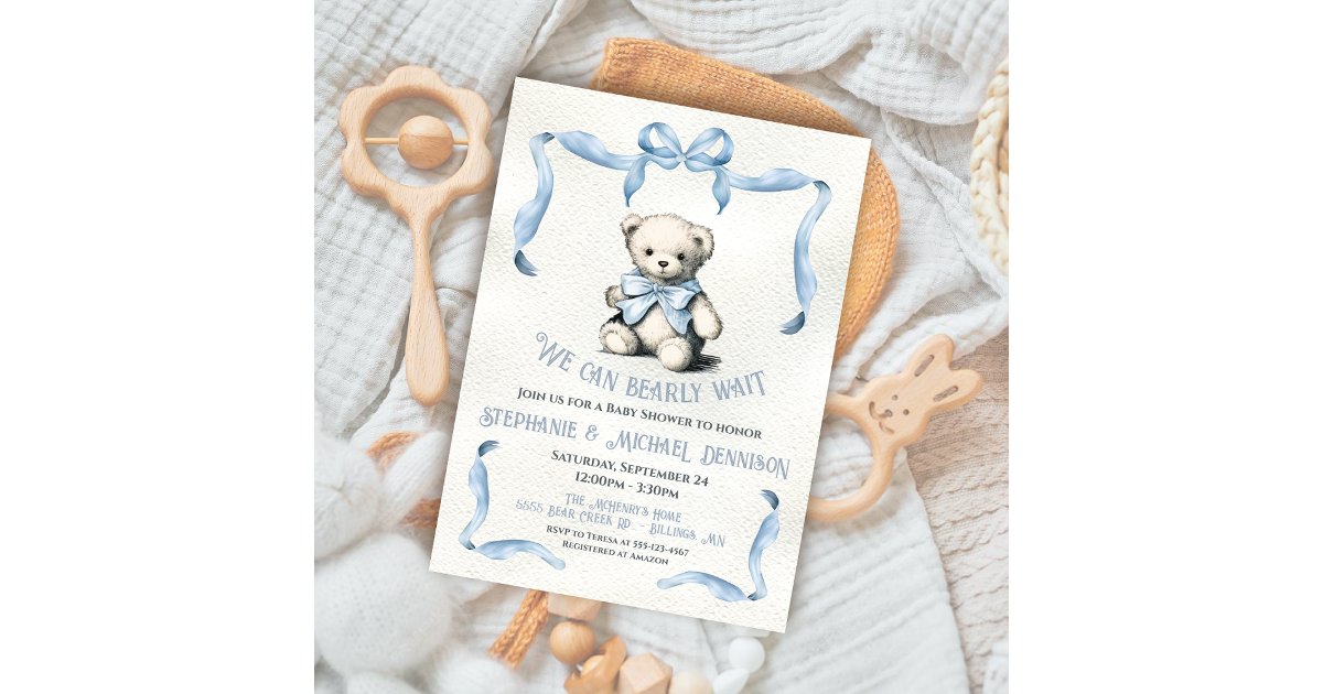 Teddy Bear Ribbon bow watercolor baby shower Invitation | Zazzle