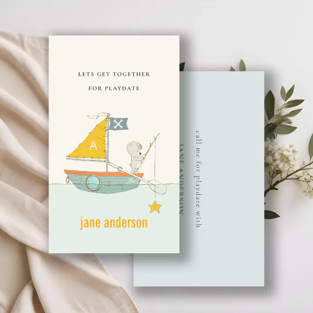 Teddy Bear Sailboat Monogram Kid Playdate Calling Business Card | Zazzle