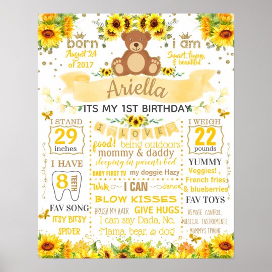 Teddy Bear Sun Flower Birthday Party sign board | Zazzle.com