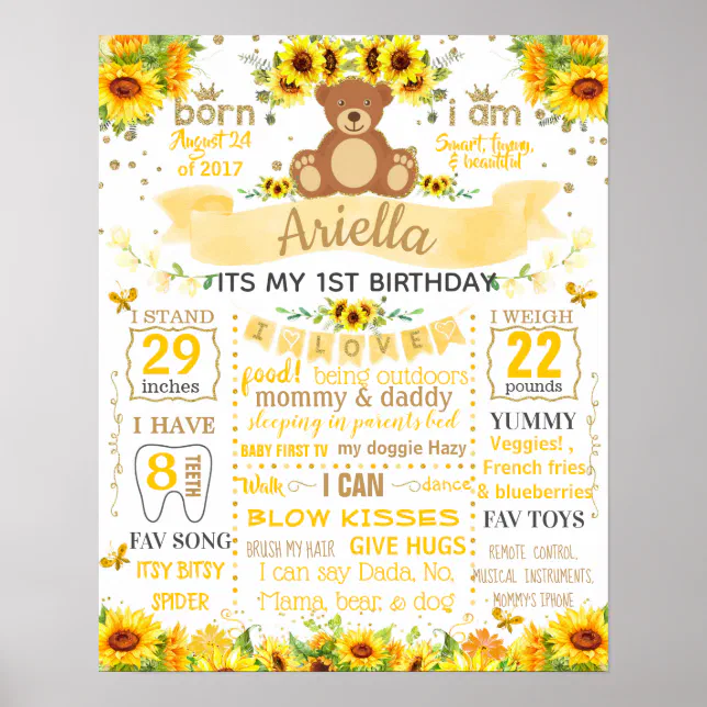 Teddy Bear Sun Flower Birthday Party sign board | Zazzle