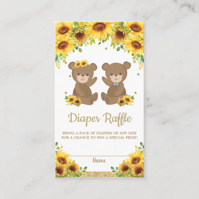 Teddy Bear Sunflower Twins Boy Girl Diaper Raffle Enclosure Card | Zazzle