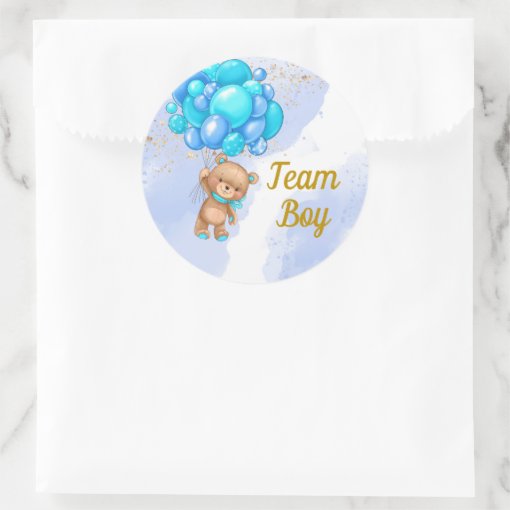 Teddy Bear Team Boy Gender Reveal Party Classic Round Sticker | Zazzle