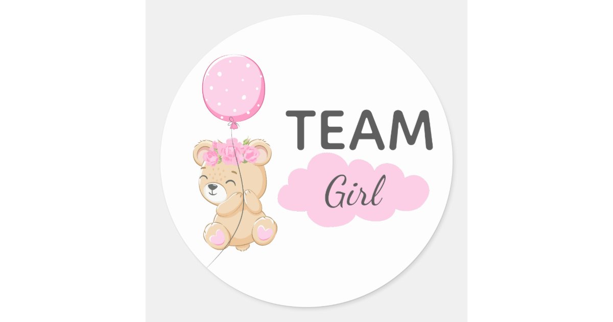 Teddy Bear Team Girl Gender Reveal Party Round Classic Round Sticker | Zazzle
