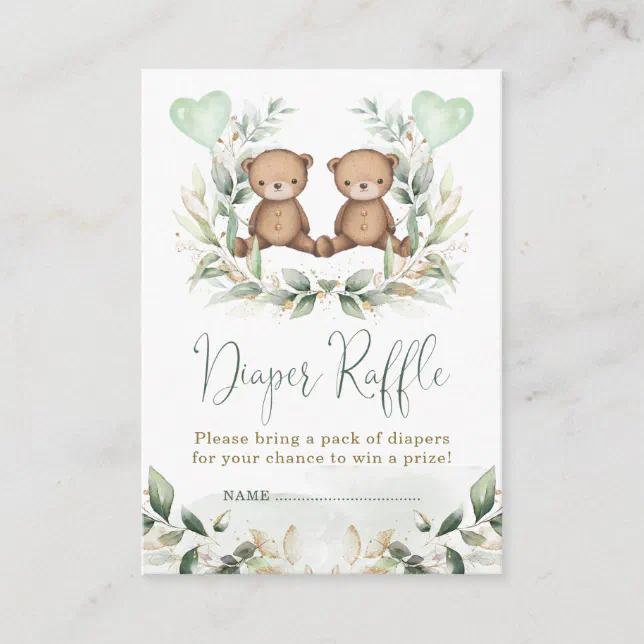 Teddy Bear Twins Greenery Gold Diaper Raffle Baby Enclosure Card | Zazzle