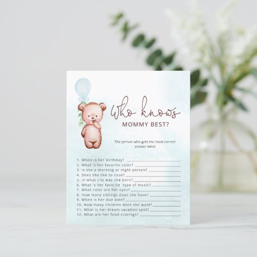 Teddy Bear Who Know Mommy Best Baby Shower Game | Zazzle