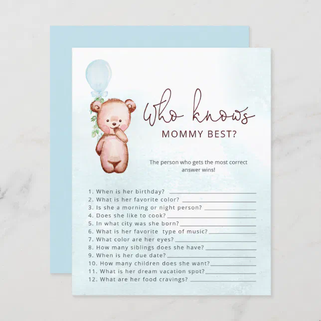 Teddy Bear Who Know Mommy Best Baby Shower Game | Zazzle
