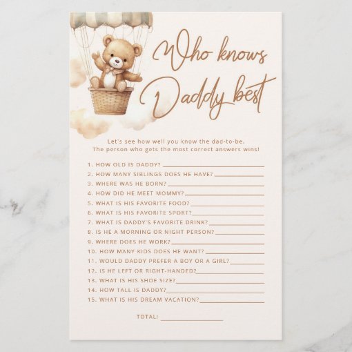 Teddy bear Who knows daddy best baby shower game | Zazzle