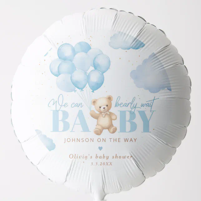 Teddy bear with blue balloons baby shower | Zazzle