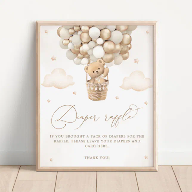 Teddy Bear with Neutral Balloon Diaper Raffle Poster | Zazzle