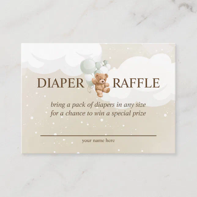 Teddy Bear with Sage Balloons Diaper Raffle Card | Zazzle
