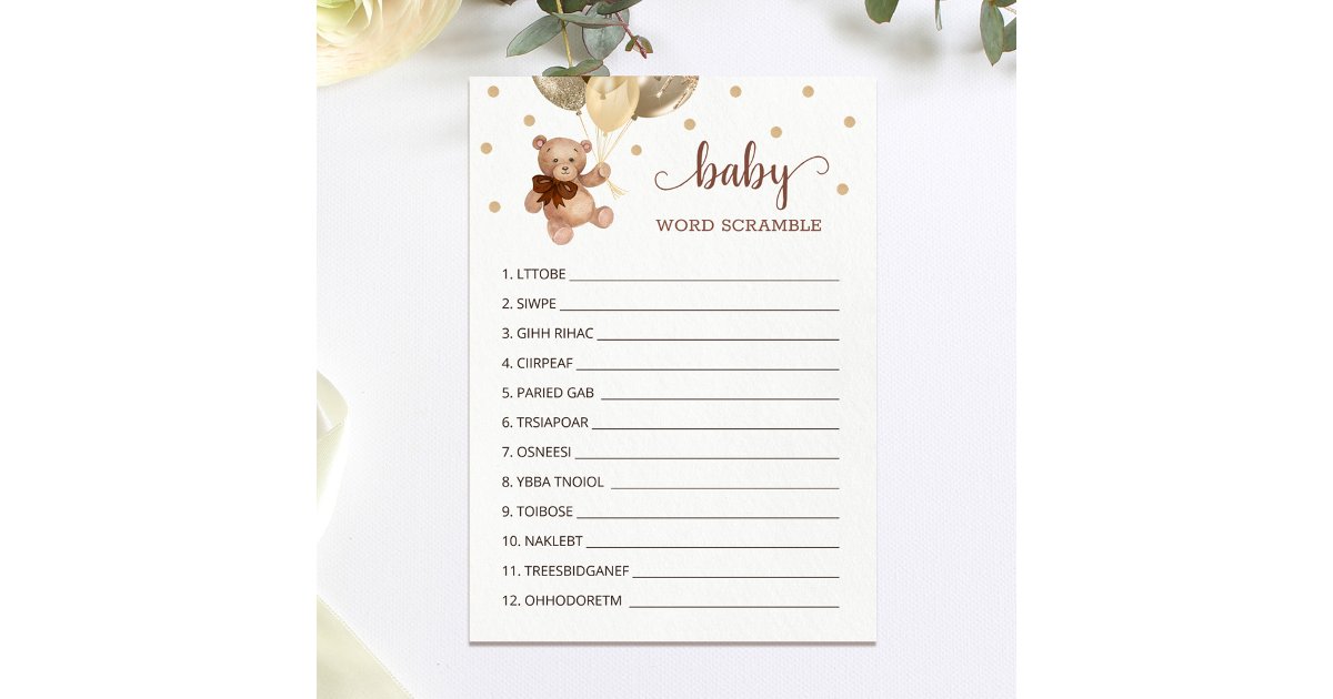 Teddy Bear Word Scramble Game Baby Shower Card | Zazzle