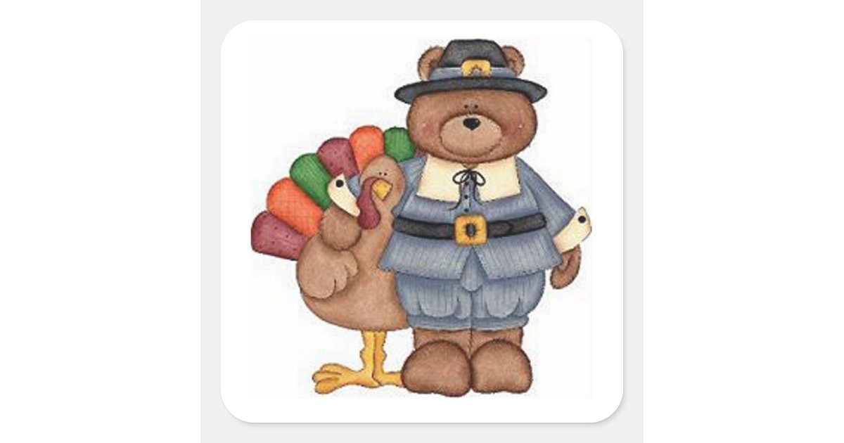 Teddy Pilgrim And Turkey Square Sticker | Zazzle