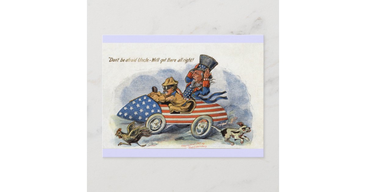 Teddy Roosevelt & Uncle Sam in Patriotic Auto Postcard | Zazzle