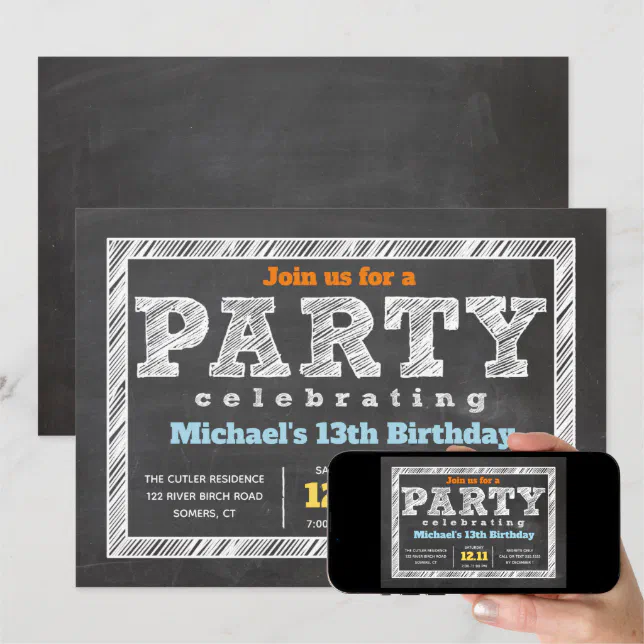 Teen Boy Birthday Invitation Chalkboard Multicolor | Zazzle