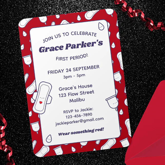 Teen Girl Red Menstrual Pad First Period Party Invitation | Zazzle