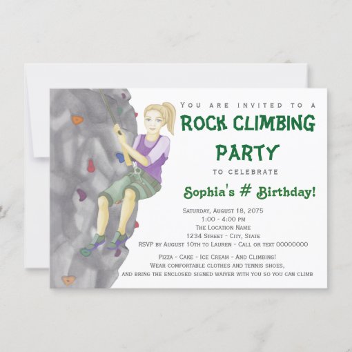 Teen Girl Rock Climbing Birthday Party Invitations | Zazzle