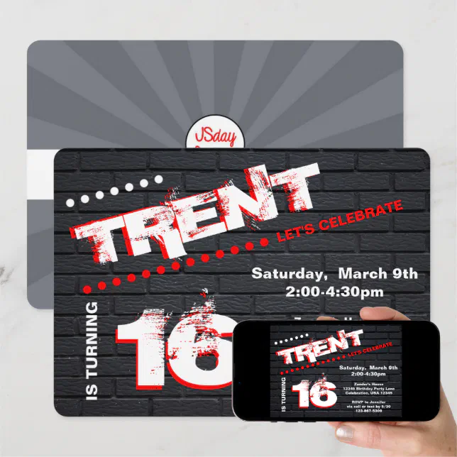 Teen/Tween Graffiti Brick Wall Birthday Boy Party Invitation | Zazzle