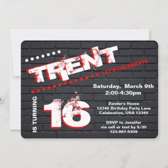 Teen/Tween Graffiti Brick Wall Birthday Boy Party Invitation | Zazzle
