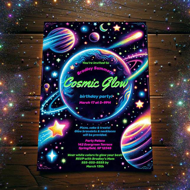 Teens Cosmic Glow Space Themed Birthday Party Invitation | Zazzle
